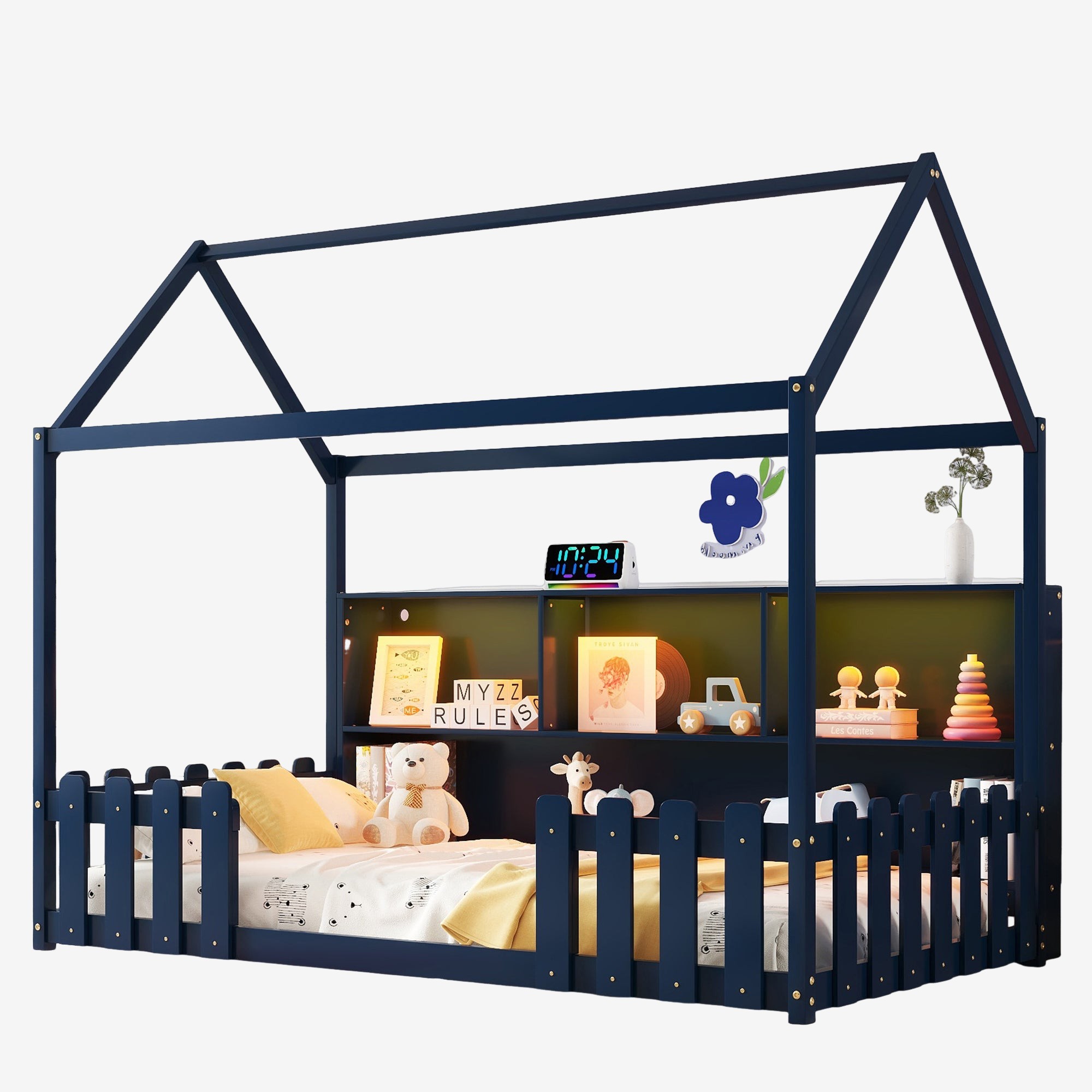 Twin Size House Bed with LED Light, Wood House Bed with Storage ...