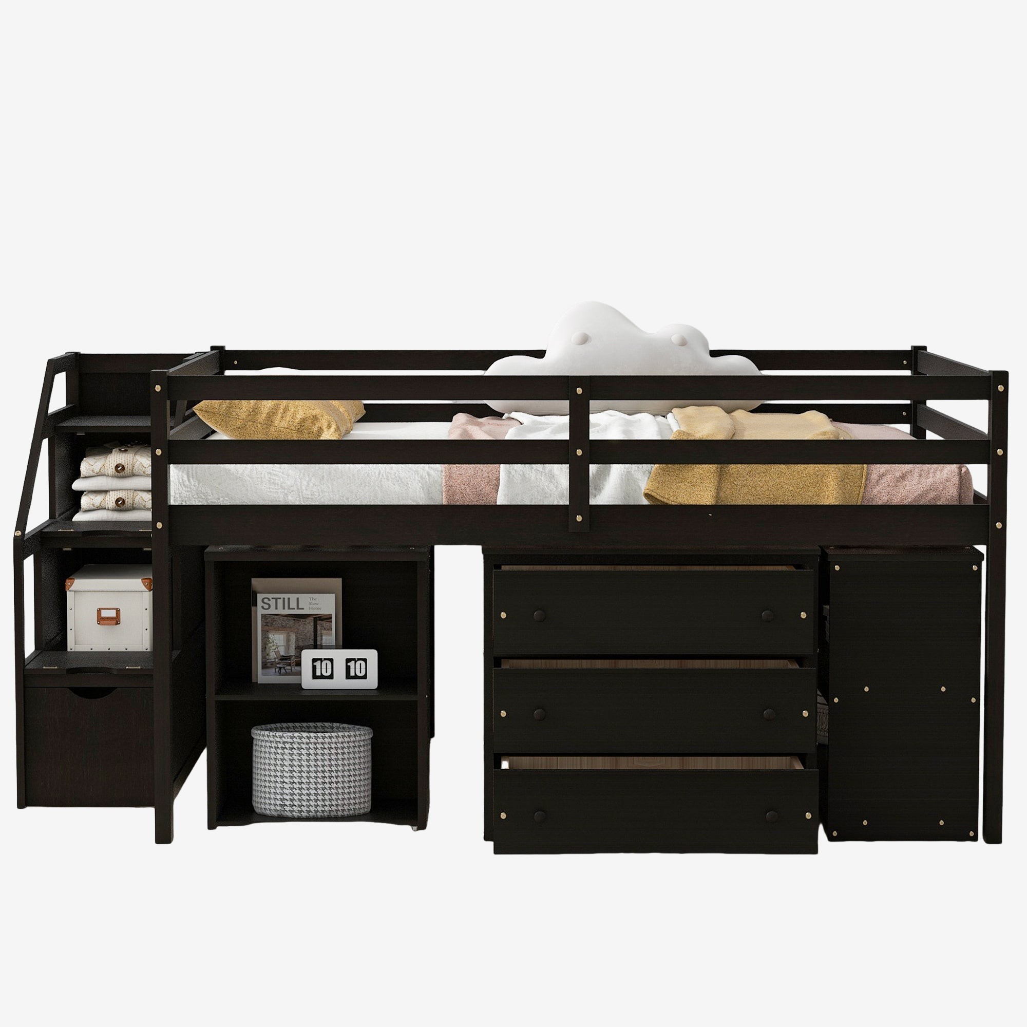 Full Size Loft Bed with Retractable Writing Desk and 3 Drawers, Wooden ...