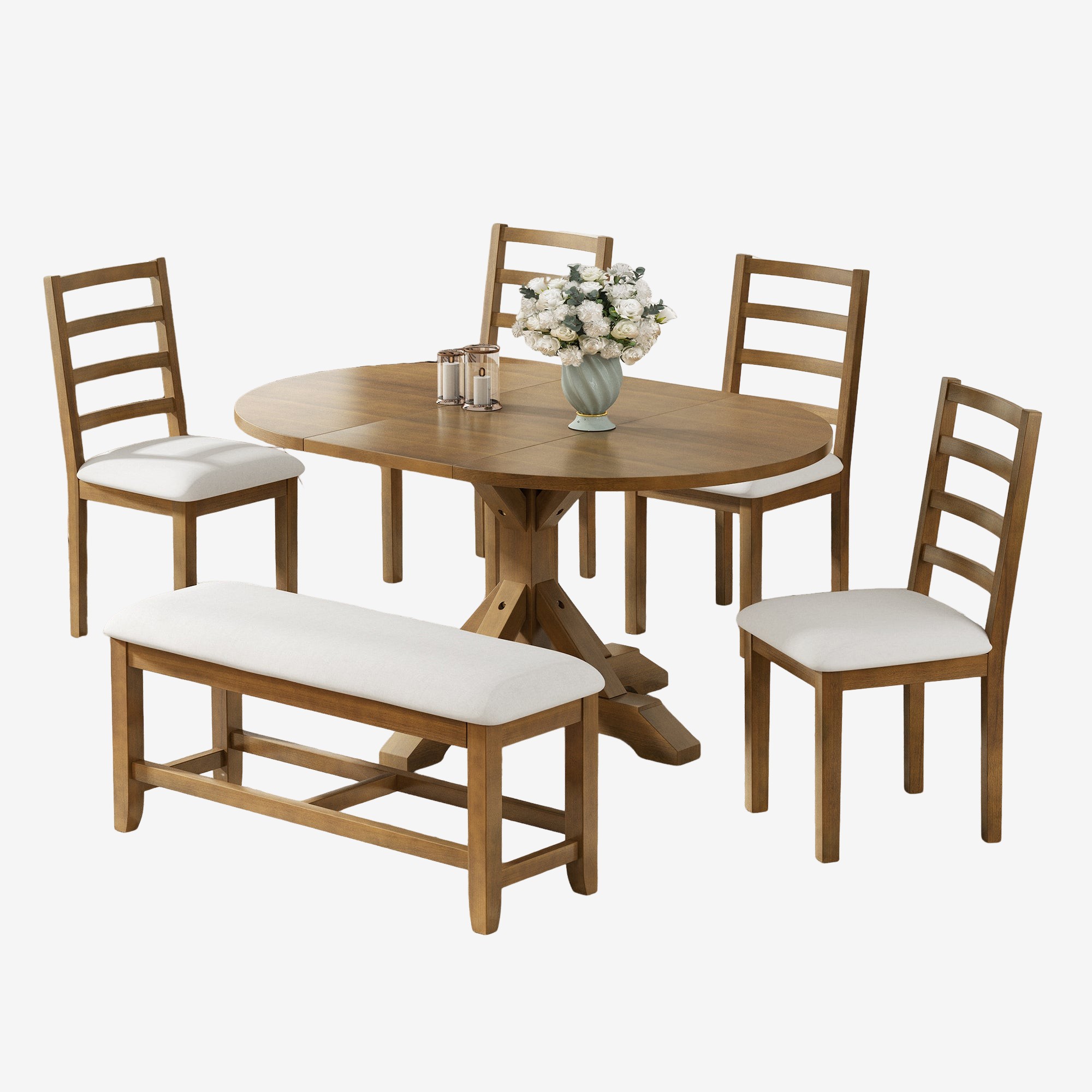 Farmhouse 6-Piece 60inch Extendable Pedestal Dining Table Set with ...