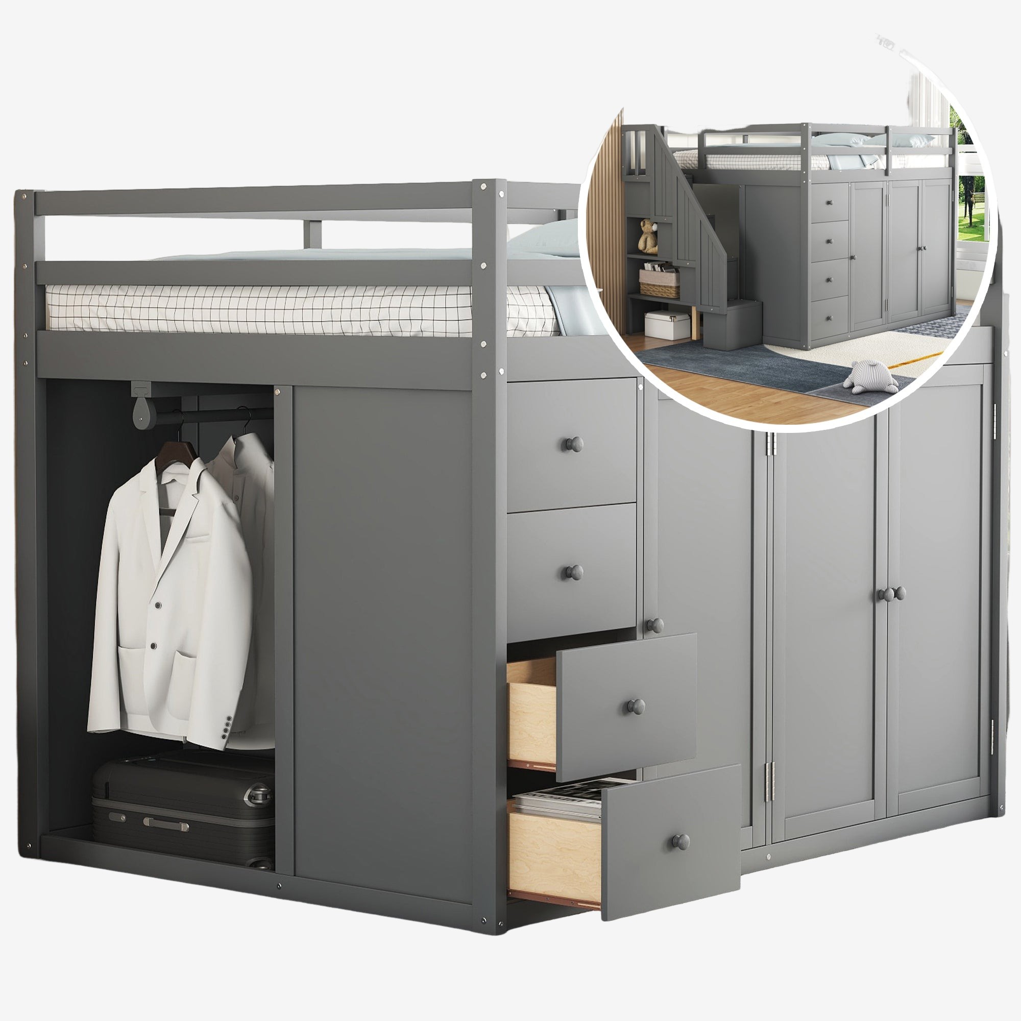 Full Size Wood Loft Bed With Built-in Wardrobes, Cabinets and Drawers ...