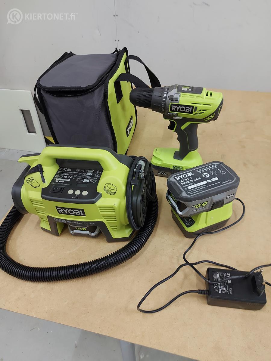 120. Ryobi akkuporakone ja minikompressori 18 V akkuineen – Kiertonet.fi