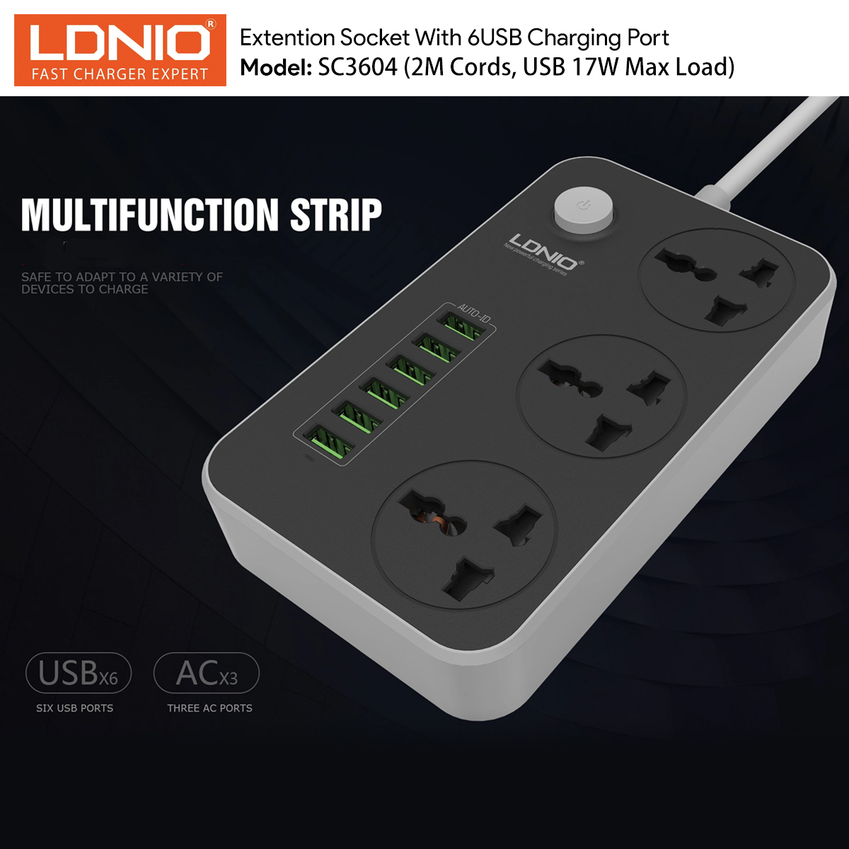 KM Lighting - LDNIO Extension Socket 17W 6USB-A 2M Cords SC3604