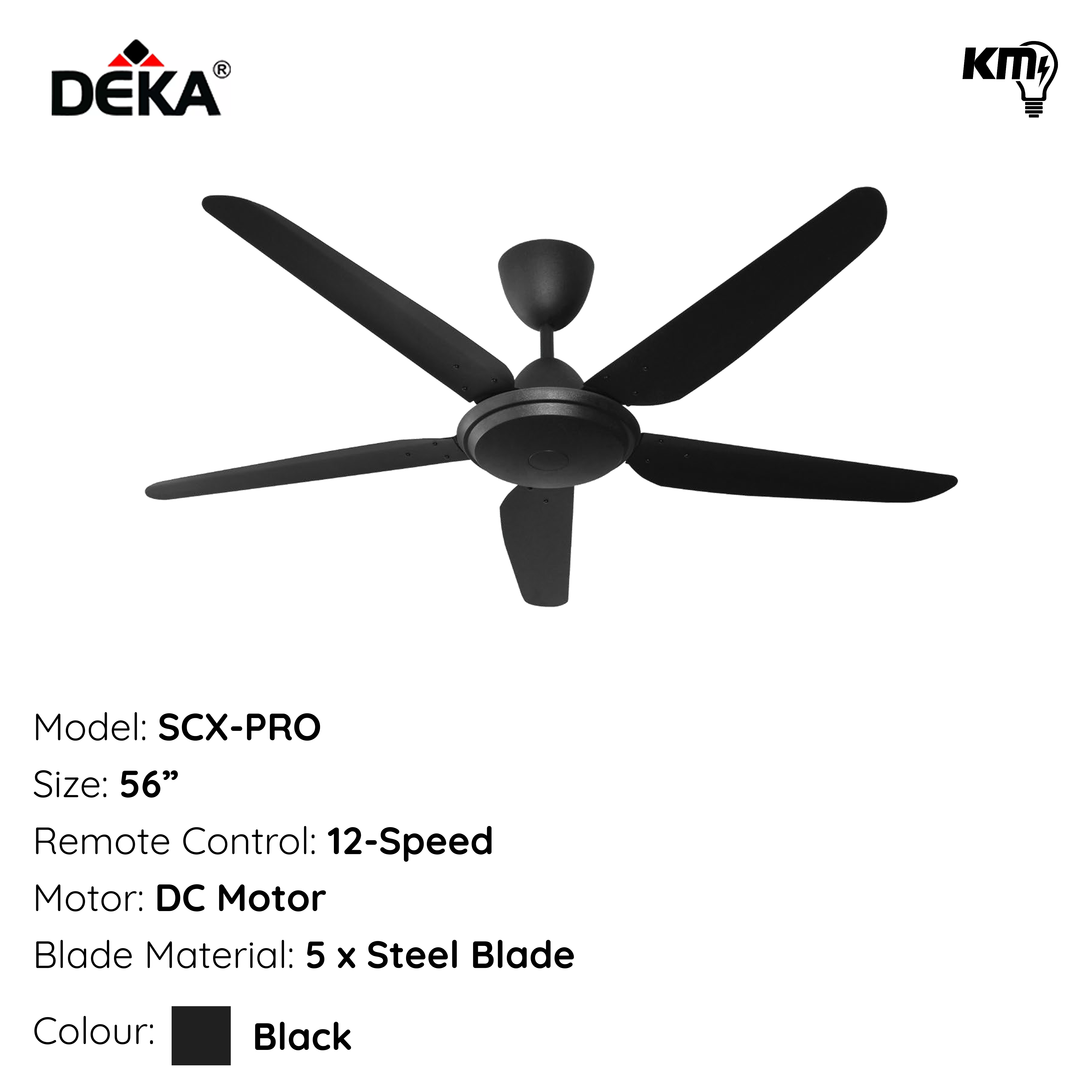 KM Lighting - Deka DC Motor Ceiling Fan - SCX-PRO (56"/ Black) Steel Blades
