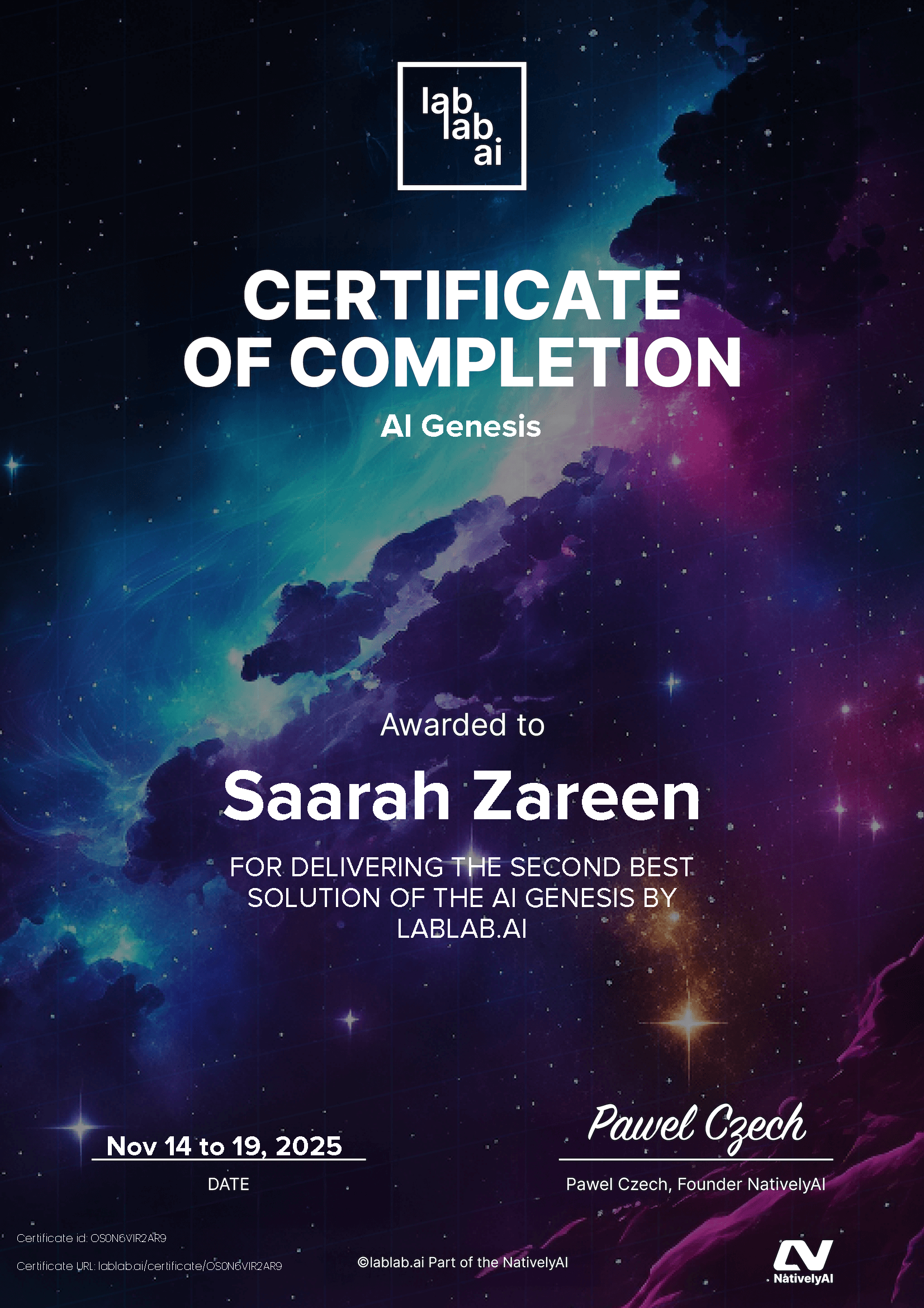 Certificate for saarah – AI Genesis