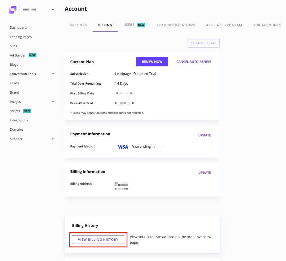 Billing History and Receipts – Leadpages Knowledge Base