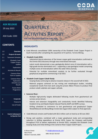 ASX:COD - June 2022 Quarterly Activities and Cashflow Reports