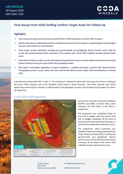 ASX:COD - Assays from IOCG Drilling Confirm Target Areas for Follow Up
