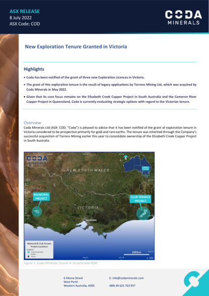 ASX:COD - Grant of New Exploration Tenure in Victoria