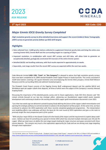 ASX:COD - Major Emmie IOCG Gravity Survey Completed
