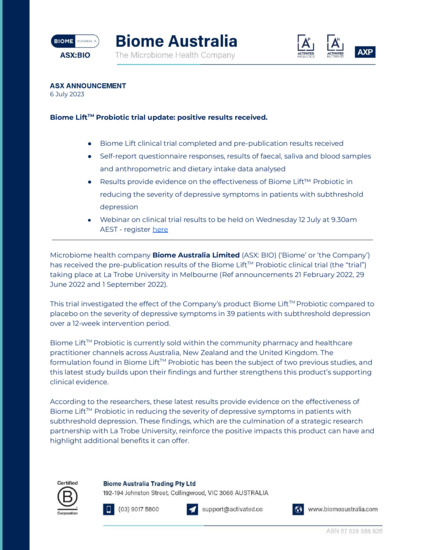 ASX:BIO - Biome Lift trial update positive results received