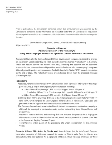 LSE:ZNWD - Zinnwald Lithium PLC - Potential for Significant Li Resource @ Falkenhain