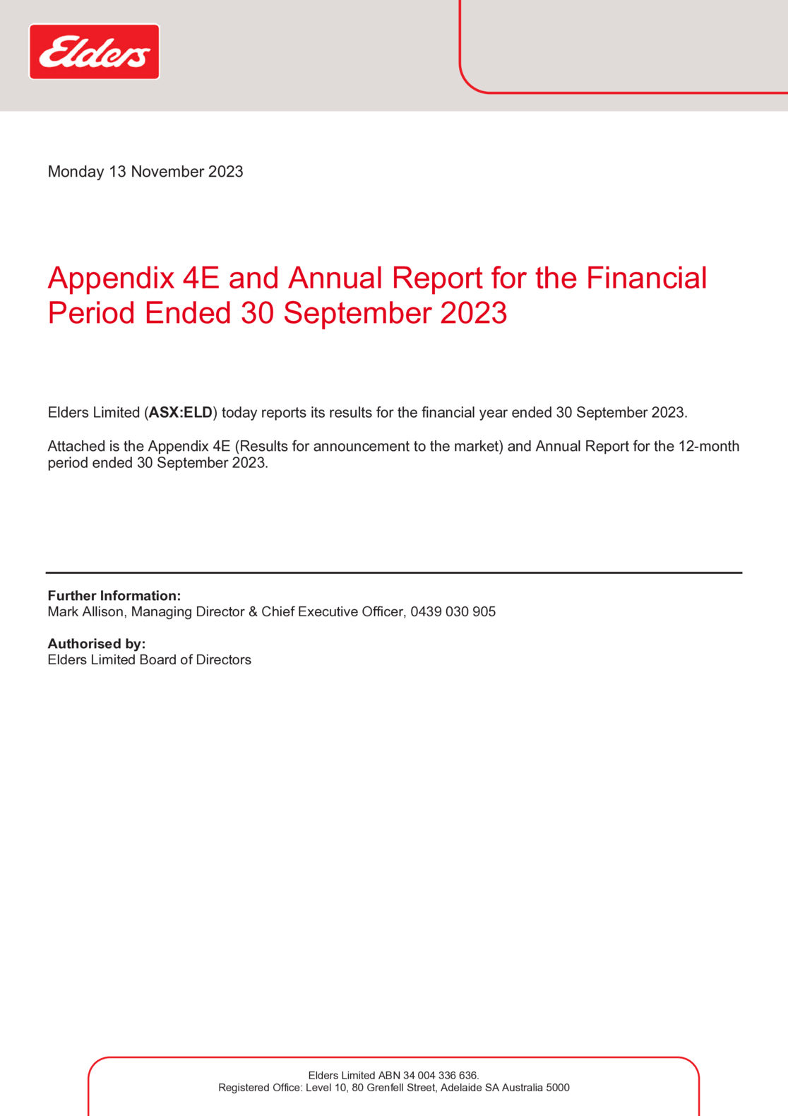 ASX:ELD - Appendix 4E and Annual Report for Year Ended 30/9/2023