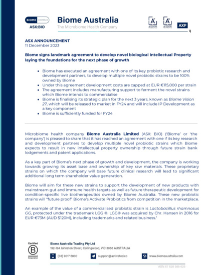 ASX:BIO - Biome signs landmark agreement to develop IP