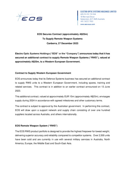 ASX:EOS - EOS secures A$25m RWS order for Western European Customer