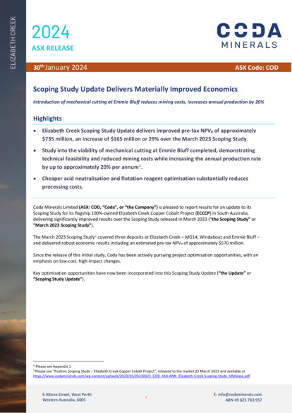ASX:COD - Scoping Study Update Delivers Materially Improved Economics