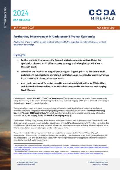 ASX:COD - Further Key Improvement in Underground Project Economics