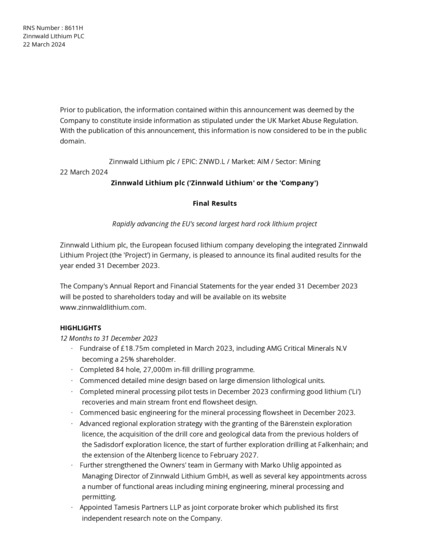LSE:ZNWD - Zinnwald Lithium PLC - Final Results