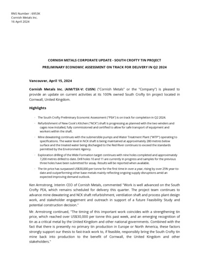 LSE:CUSN - Cornish Metals Inc. - SOUTH CROFTY PEA ON TRACK FOR DELIVERY ...