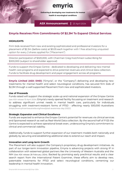 ASX:EMD - Emyria Receives Bids of $2.3M to Expand Clinical Services