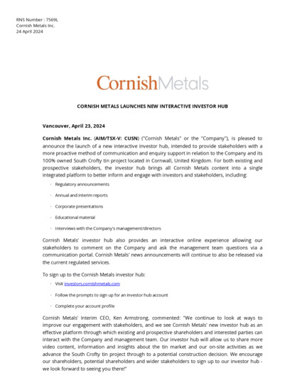 LSE:CUSN - Cornish Metals Inc. - LAUNCH OF NEW INTERACTIVE INVESTOR HUB