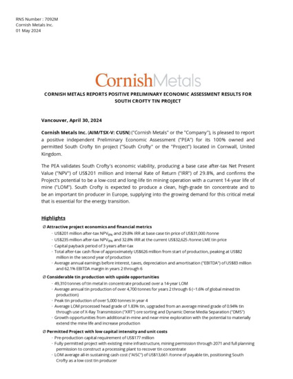 LSE:CUSN - Cornish Metals Inc. - POSITIVE PEA RESULTS FOR SOUTH CROFTY ...