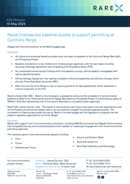 ASX:REE - RareX finalises key baseline studies at Cummins Range