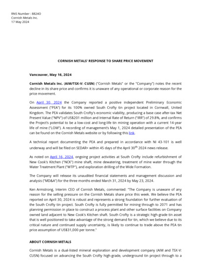 LSE:CUSN - Cornish Metals Inc. - CORNISH METALS’ RESPONSE TO SHARE ...