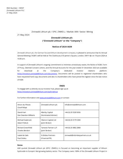 LSE:ZNWD - Zinnwald Lithium PLC - Notice of 2024 AGM