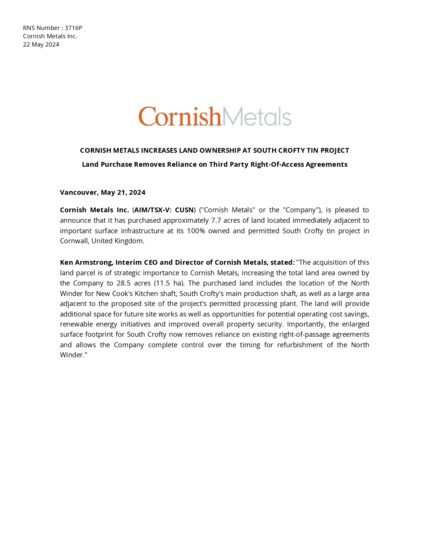 LSE:CUSN - Cornish Metals Inc. - LAND PURCHASE AT SOUTH CROFTY