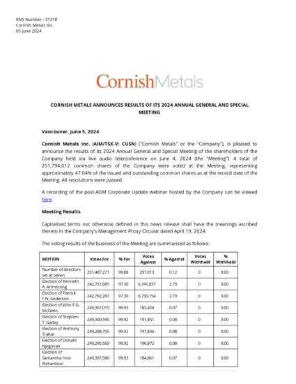 LSE:CUSN - Cornish Metals Inc. - CORNISH METALS ANNOUNCES RESULTS OF ...