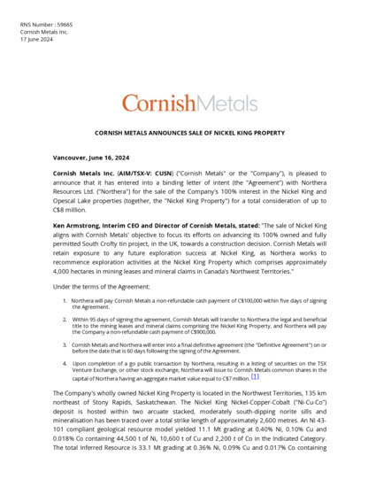 LSE:CUSN - Cornish Metals Inc. - SALE OF NICKEL KING PROPERTY