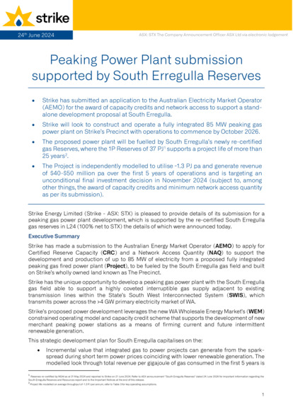 ASX:STX - Peaking Power Plant submission supported by SE Reserves