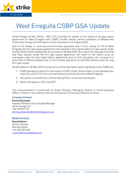 ASX:STX - West Erregulla CSBP GSA Update