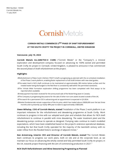 LSE:CUSN - Cornish Metals Inc. - COMMENCEMENT OF 2ND PHASE OF SHAFT ...