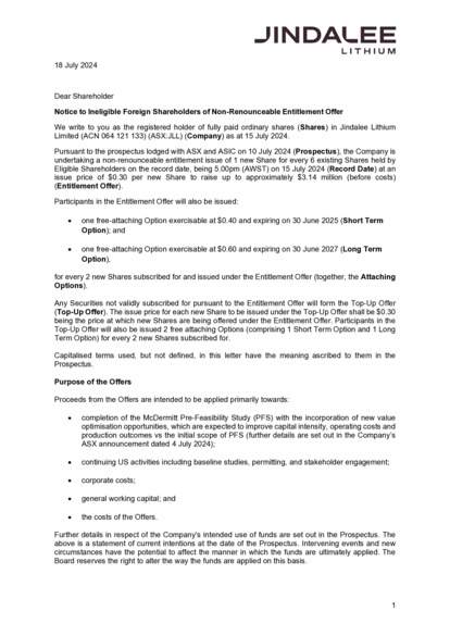 ASX:JLL - Letter to Ineligible Shareholders