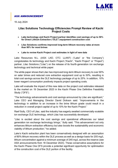 ASX:LKE - Lilac Technology Efficiencies Prompt Review of Kachi Costs
