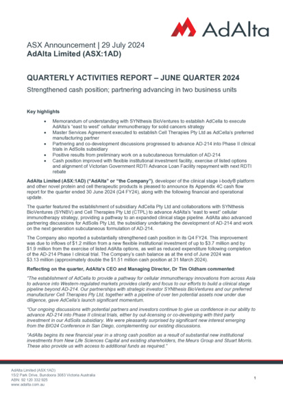 ASX:1AD - Quarterly Appendix 4C and Activities Report