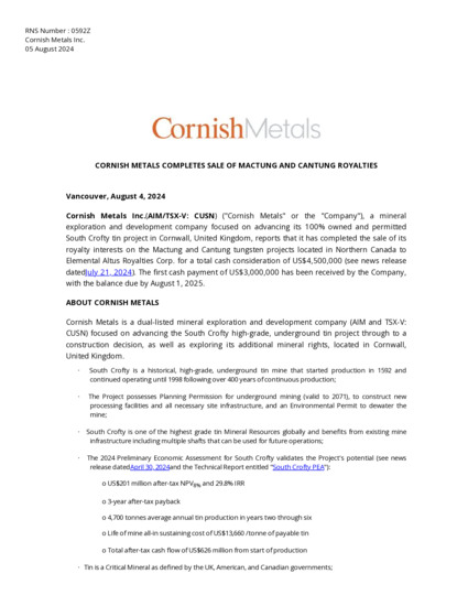 LSE:CUSN - Cornish Metals Inc. - COMPLETION OF SALE OF MACTUNG ...