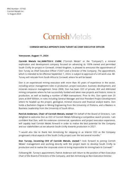 LSE:CUSN - Cornish Metals Inc. - CORNISH METALS APPOINTS DON TURVEY AS CEO
