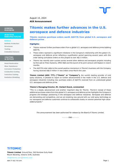 ASX:TTT - Titomic advances U.S. aerospace and defence engagements
