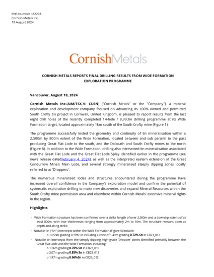 LSE:CUSN - Cornish Metals Inc. - FINAL DRILLING RESULTS FROM WIDE FORMATION