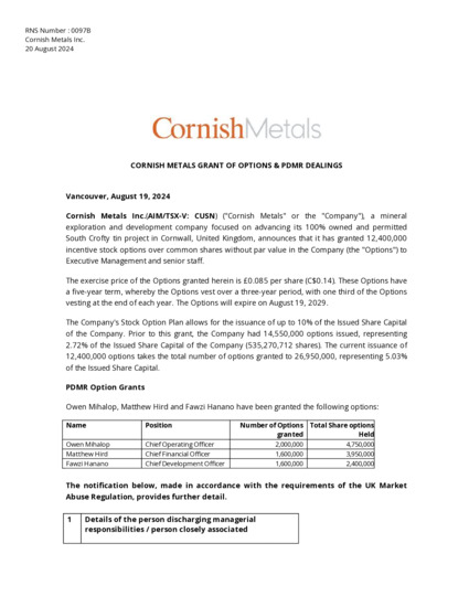 LSE:CUSN - Cornish Metals Inc. - GRANT OF OPTIONS & PDMR DEALINGS
