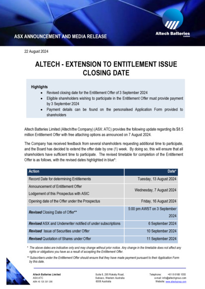 ASX:ATC - Altech - Extension to Entitlement Issue Closing Date