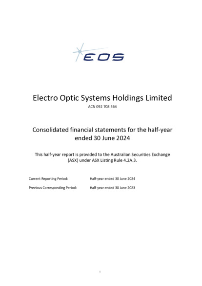 ASX:EOS - Appendix 4D and Half-year Financial Report