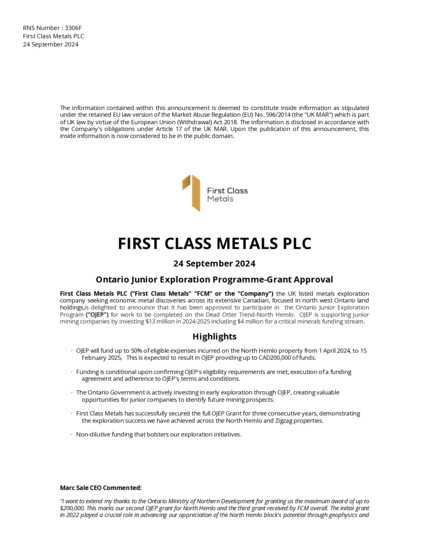 LSE:FCM - First Class Metals - Ontario Jnr. Exploration Programme-Grant Approval