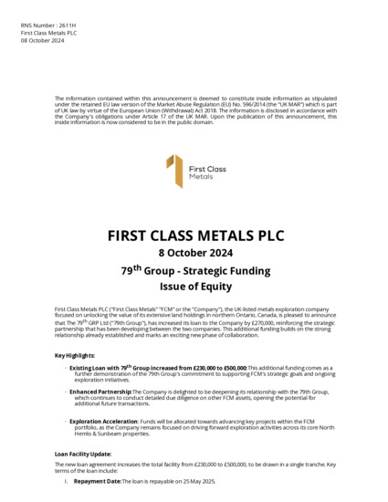 LSE:FCM - First Class Metals - Strategic Funding-79th Group & Issue of Equity