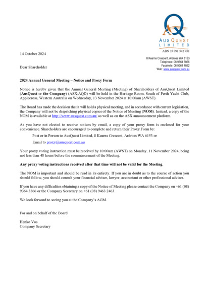 ASX:AQD - Letter to Shareholders, 2024 AGM NOM & Proxy Form