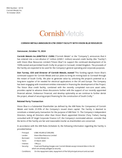 LSE:CUSN - Cornish Metals Inc. - £7M CREDIT FACILITY WITH VISION BLUE ...