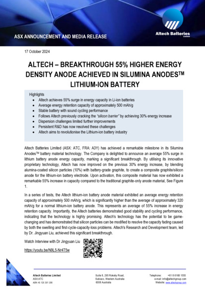 ASX:ATC - Altech - Breakthrough 55% Higher Energy Density Anodes
