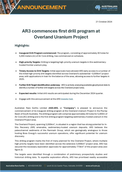 ASX:AR3 - AR3 starts first drill program at Overland Uranium Project